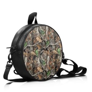 scrawlgod camo hunting print small round crossbody bag for women pu leather circle purses mini shoulder bags travel accessories gifts for women