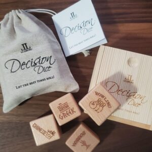 La Liburu Wooden Decision Dice, Gift Idea, Couple Date Night, Family, Foodie Dine in Take Out Activities Movie Genre, Engraved 4 Dice with Box and Pouch