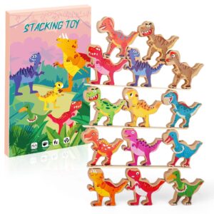 14-piece 3-inch wooden dinosaur stacking toys for kids 3-7, stem educational party favors