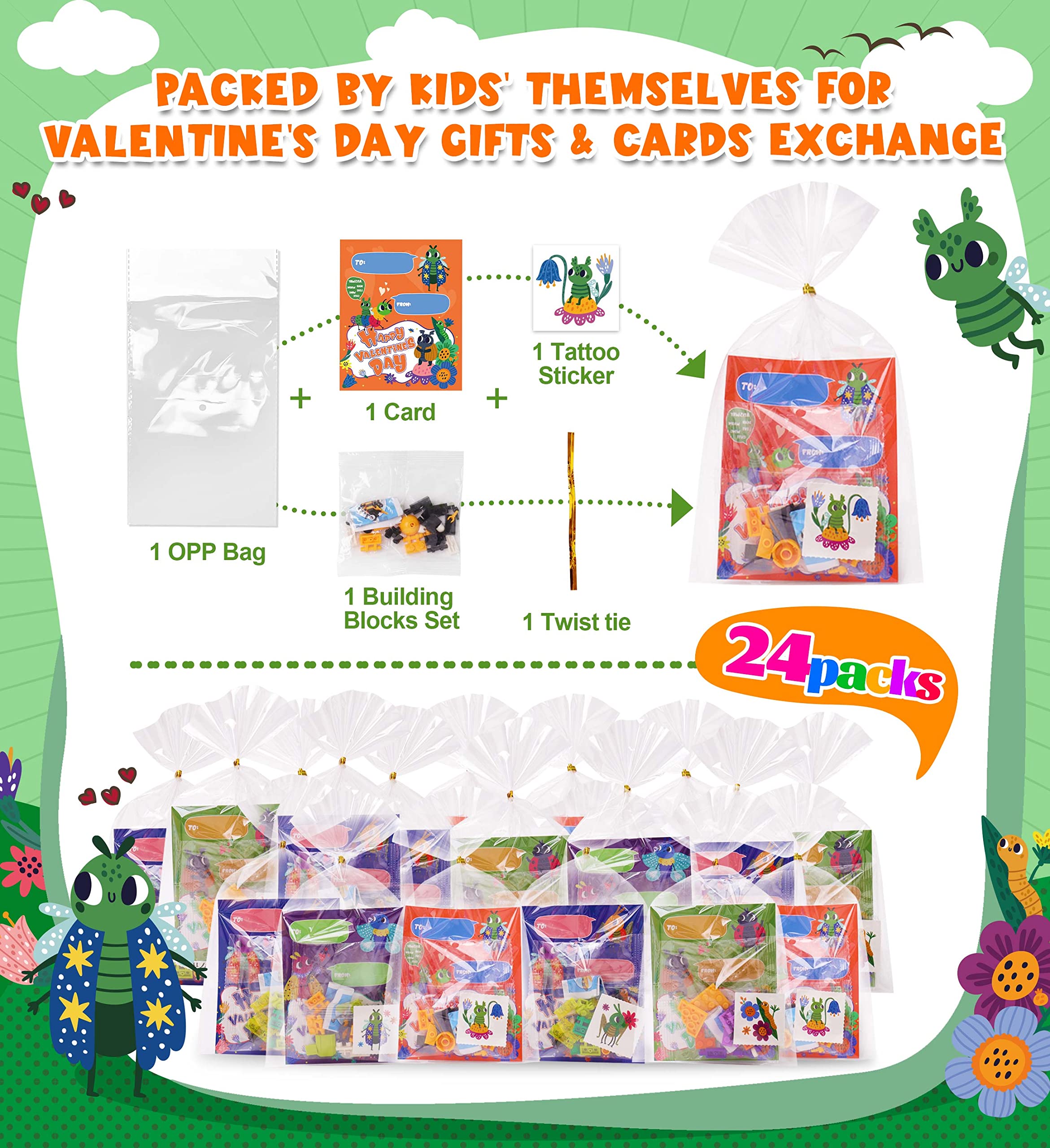 Colplay 24 Packs Valentines Day Gifts for Kids, Insect Building Blocks with Valentines Cards for Kids Classroom School & Stickers, Class Gifts Exchange, Party Favors for Kids Boys Girls