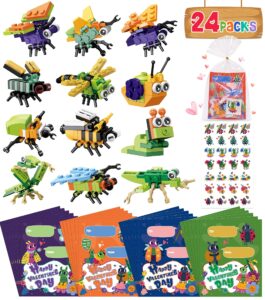 colplay 24 packs valentines day gifts for kids, insect building blocks with valentines cards for kids classroom school & stickers, class gifts exchange, party favors for kids boys girls