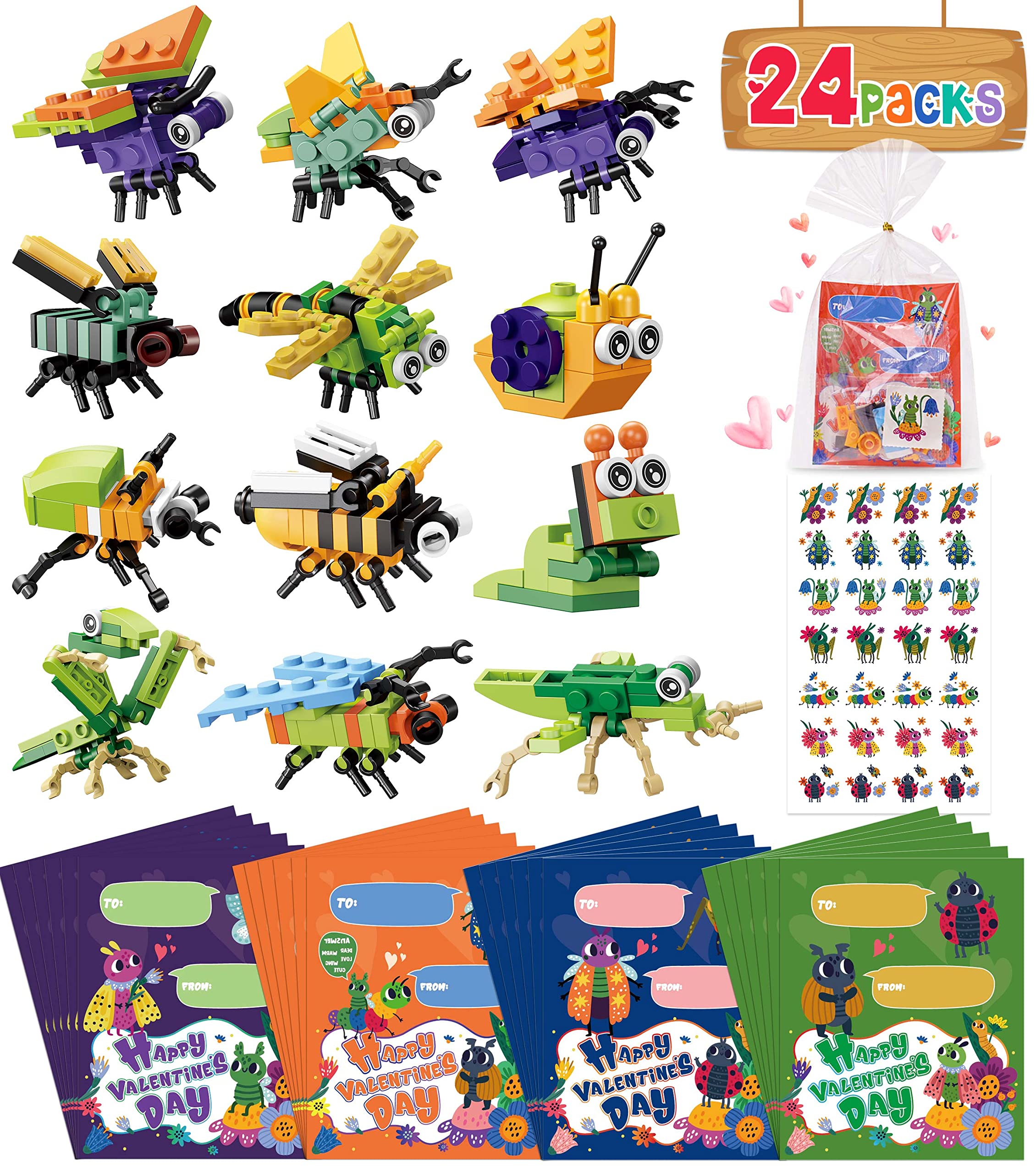 Colplay 24 Packs Valentines Day Gifts for Kids, Insect Building Blocks with Valentines Cards for Kids Classroom School & Stickers, Class Gifts Exchange, Party Favors for Kids Boys Girls