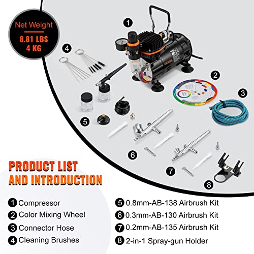 VEVOR Airbrush Kit, Professional Airbrush Set with 1/5 HP Compressor & 3 Airbrushes, Airbrushing System Kit with Multi-Purpose Dual-Action Gravity Feed Airbrushes, Art Nail Cookie Tatto