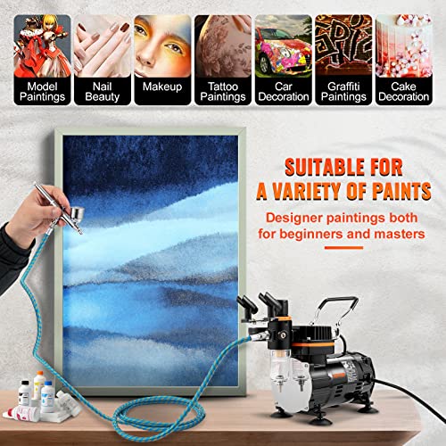 VEVOR Airbrush Kit, Professional Airbrush Set with 1/5 HP Compressor & 3 Airbrushes, Airbrushing System Kit with Multi-Purpose Dual-Action Gravity Feed Airbrushes, Art Nail Cookie Tatto