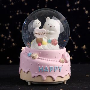 4 inches / 10cm snow globe - bear cake musical box with drifting snow for home decor, birthday gift for girls, family friends, pink