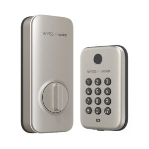 wyze bluetooth fingerprint deadbolt lock with keypad, ipx5 weatherproof, schedules, auto-lock - satin nickel