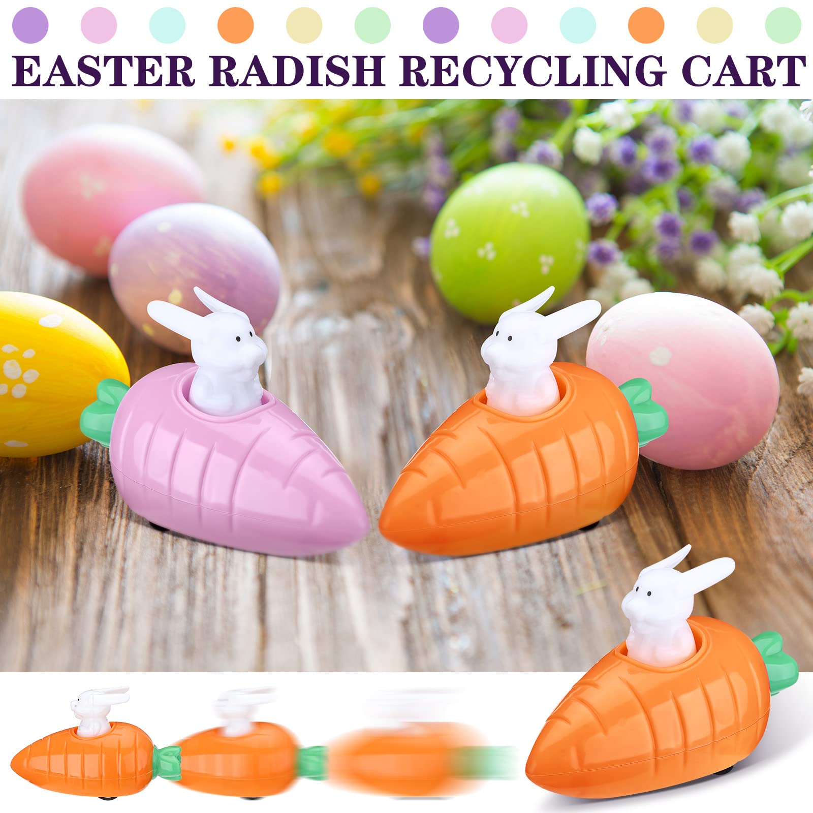 12 Pcs Easter Toys Pull Back Cars Toy Carrot Cars Driven by Rabbit Friction Powered Animal Cars Vehicles Plastic Go Back and Forth Car Toys for Easter Basket Filler Party Favors Gifts, 6 Colors