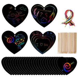 kinbom valentines day scratch paper, 30pcs rainbow magic art set with ribbons wood stylus heart shape color drawing paper kit kids craft for valentines gift diy decoration