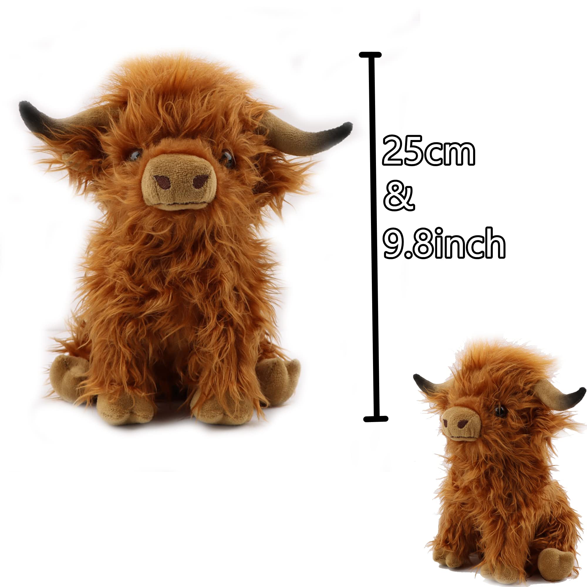 Abawaka 9.8inch Highland Cow Stuffed Animal Realistic Cow Plush Cattle Simulation Highland Cuddly Plushie Doll Farm Home Decor(Brown)