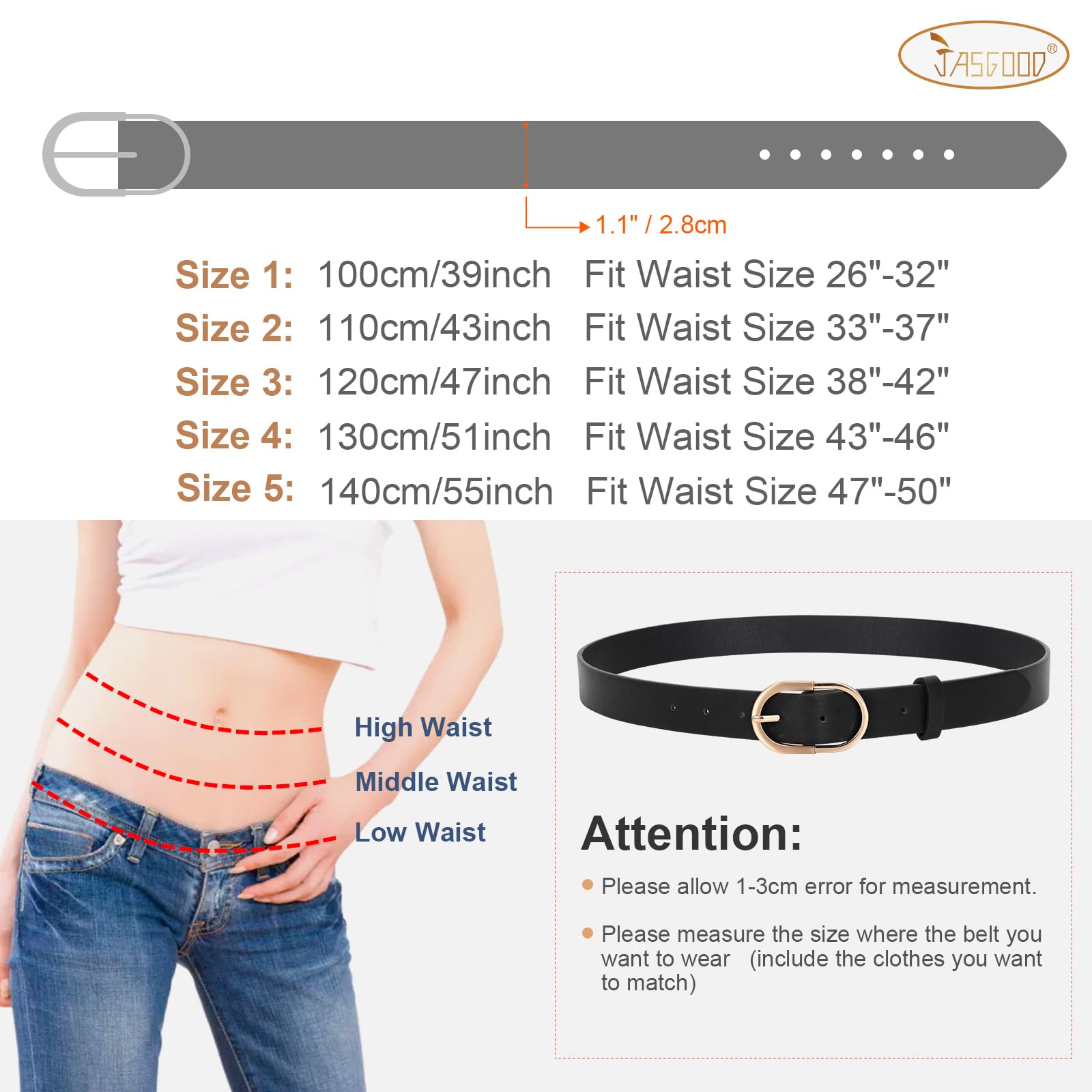 JASGOOD 3 Pack Women’s Leather Belts for Jeans Pants Fashion Ladies Belt with Gold Buckle D-Black+Brown+Beige，Fit Waist Size 32"-37"