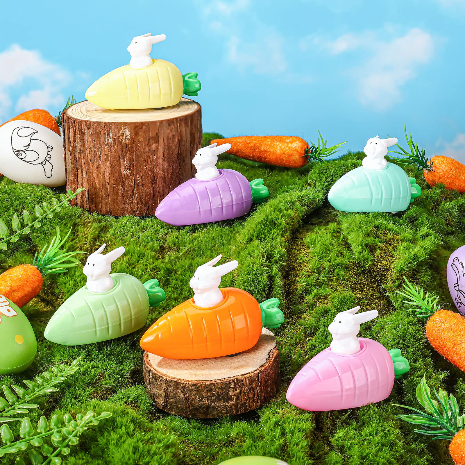 12 Pcs Easter Toys Pull Back Cars Toy Carrot Cars Driven by Rabbit Friction Powered Animal Cars Vehicles Plastic Go Back and Forth Car Toys for Easter Basket Filler Party Favors Gifts, 6 Colors