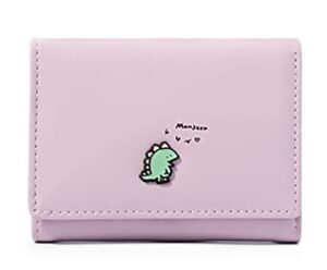 yajama cute dinosaur metal badge women wallet pu leather small slim trifold girls credit card case holder organizer purse with id window (purple)