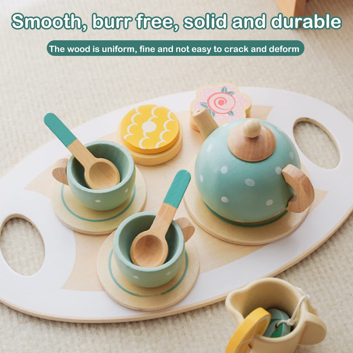 Play Tea Party Set, Little Girls Toy Afternoon Tea Set, Cute Wood Play Food Accessories BPA Free Phthalates Free for Kids Children Toddler Ages 1+ Years Old