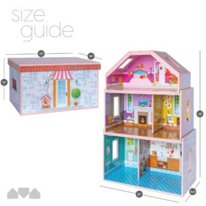 Milliard Nesting Dollhouse, Stack Mode (33x21x11.5in) & Store Mode (22x14x12in), Wooden Kids Dollhouse, 20 Bonus Furniture Pieces Included, Unique Design Patent Pending