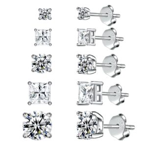 925 sterling silver stud earrings set hypoallergenic princess cut cubic zirconia stud earrings for women men (round/square 3/4/5/6/8 mm)