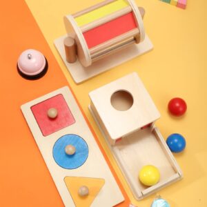 Sratte 3 Pcs Wooden Baby Toys Set, Object Permanence Box, Rainbow Drum, Colorful Multiple Shape Puzzles Toys, Preschool Toys Set for 6-12 Month Infant 1 2 3 Year Old Toddlers Babies