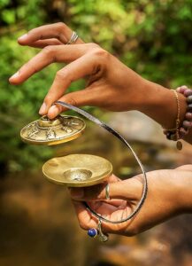 tibetan tingsha meditation bell - meditation chime bells - tingsha cymbals with hand woven cotton bag- tibetan buddhist meditation yoga bell chimes (om mani padme hum mantra) handmade in nepal