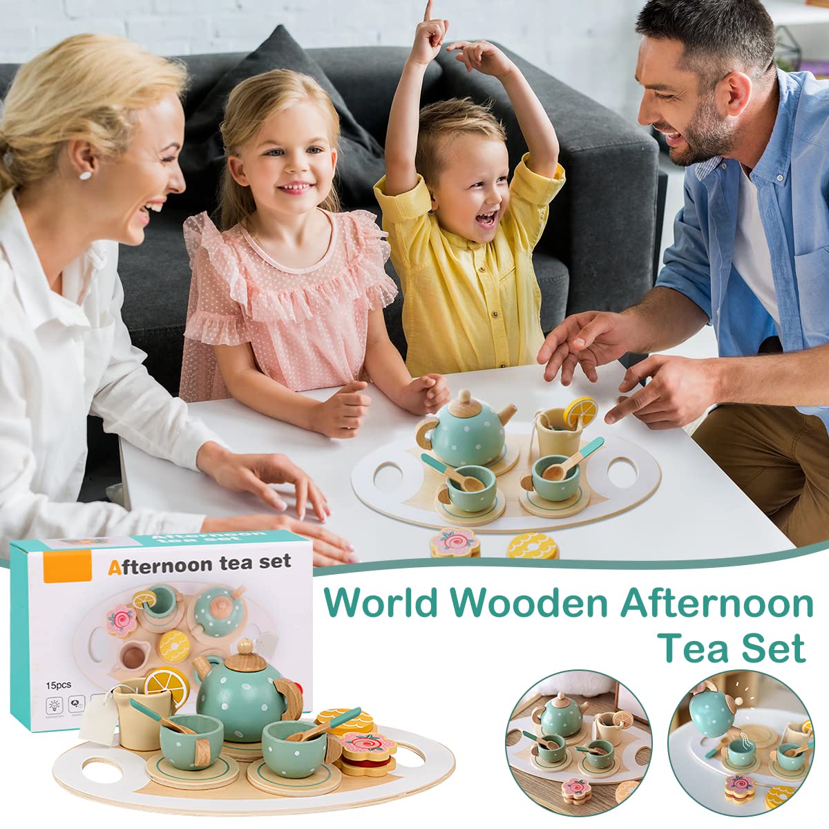 Play Tea Party Set, Little Girls Toy Afternoon Tea Set, Cute Wood Play Food Accessories BPA Free Phthalates Free for Kids Children Toddler Ages 1+ Years Old