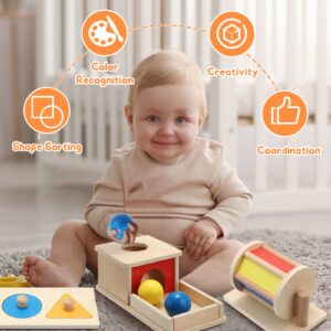 Sratte 3 Pcs Wooden Baby Toys Set, Object Permanence Box, Rainbow Drum, Colorful Multiple Shape Puzzles Toys, Preschool Toys Set for 6-12 Month Infant 1 2 3 Year Old Toddlers Babies