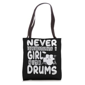 never underestimate a girl with drums drumming drummer tote bag