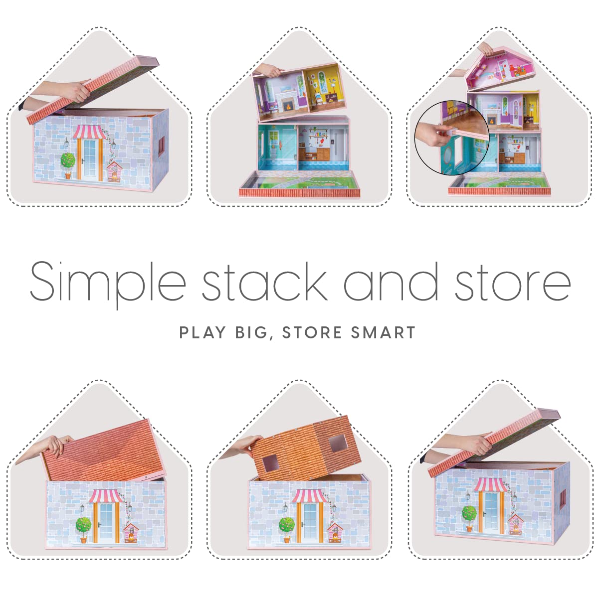 Milliard Nesting Dollhouse, Stack Mode (33x21x11.5in) & Store Mode (22x14x12in), Wooden Kids Dollhouse, 20 Bonus Furniture Pieces Included, Unique Design Patent Pending