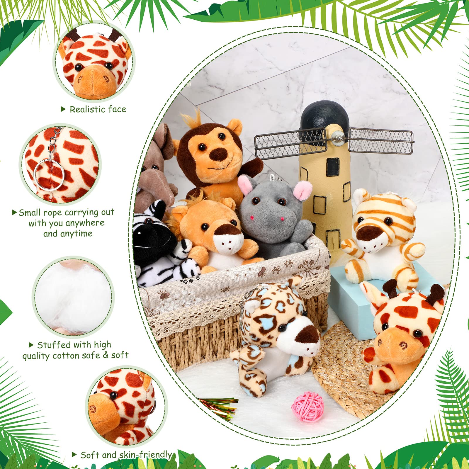 Leitee 48 Pack Mini Plush Animals Toys Set 4.7 Inch Stuffed Animal Keychain Small Goodie Bag Fillers for Easter Hunts, Valentine's Day, Carnival Prizes, Jungle Party