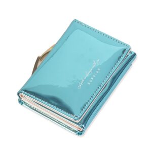 yajama bright pearlescent women wallet small trifold pu leather short credit card case holder organizer coin purse with id window (blue)