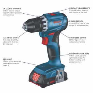 BOSCH GSR18V-400B22 18V Compact Brushless 1/2 In. Drill/Driver Kit with (2) 2 Ah Standard Batteries