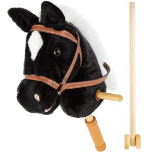 morytale stick hobby horse riding toy, plush stick horse for toddlers ages 3+, horses ride on toy fun pretend play with wooden wheels and real pony clip-clop sounds black 39 inches