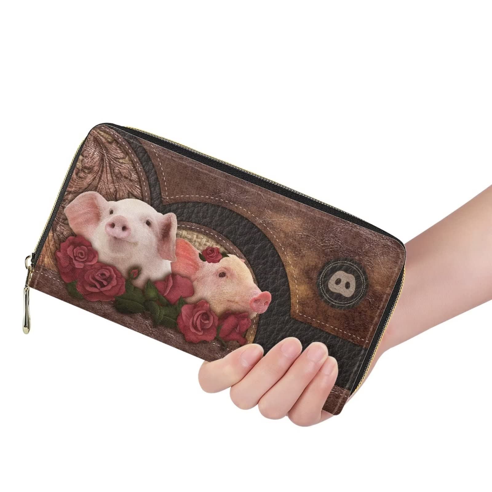 Biyejit Rose Flower Pig Print Women Leather Wallets Large Capacity Long Purse Phone Card Holder Clutch Wallet