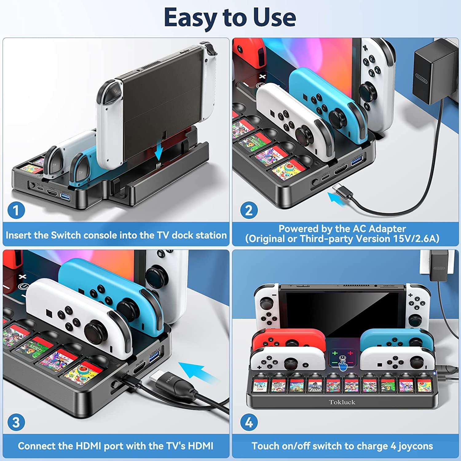 Switch Docking Station for TV with Controller Charger, Replacement for Switch TV Dock with HDMI Adapter, Switch Base Station Portable Charging Dock for Nintendo Switch Accessories Kit, 10 Game Slots