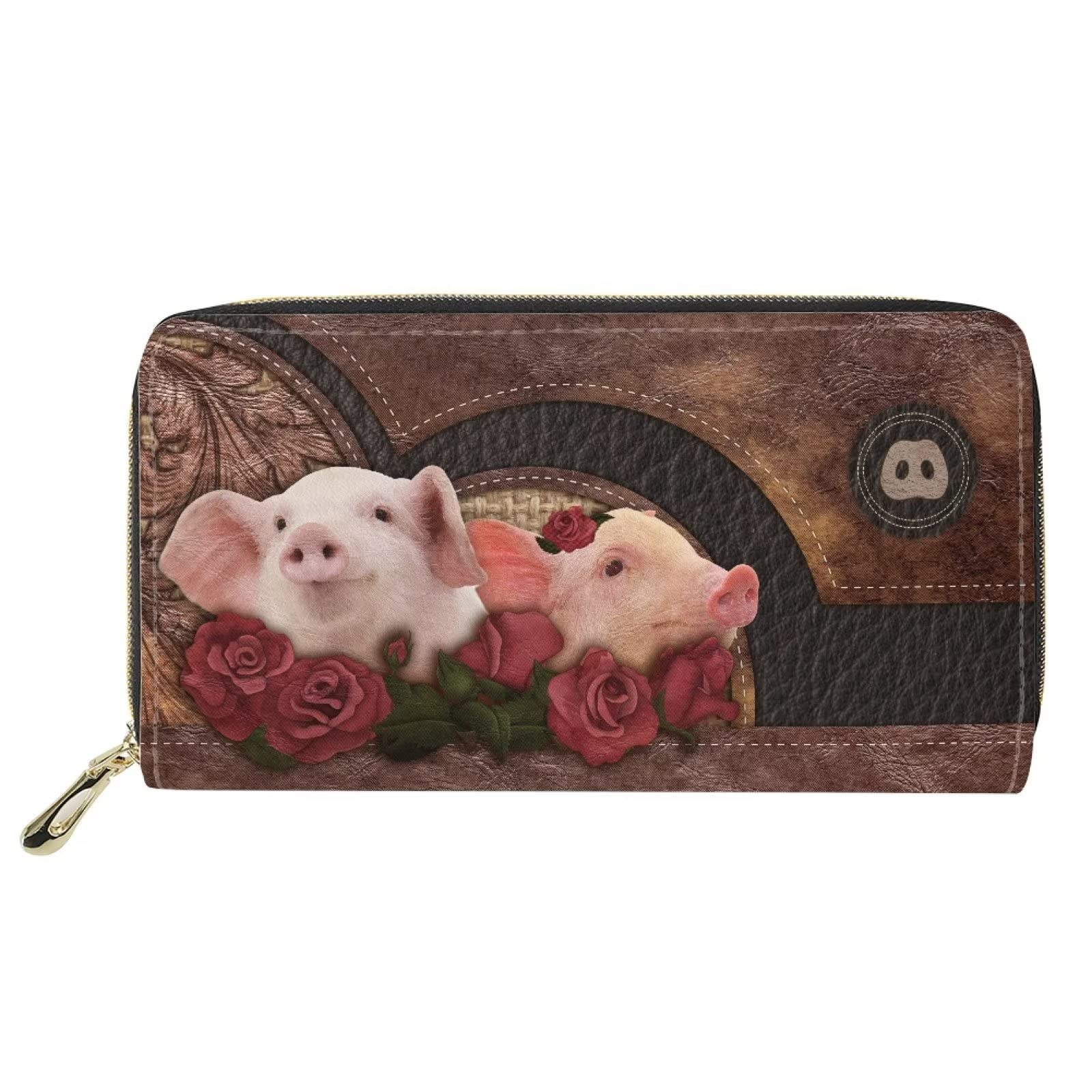 Biyejit Rose Flower Pig Print Women Leather Wallets Large Capacity Long Purse Phone Card Holder Clutch Wallet