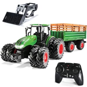 remote control tractor and trailer set rc kids tractor toy front loader farm truck toddler farm toys with lights and sound, metal cab, 8 wheels rc toys boys gift for 3 4 5 6 7 8 years old