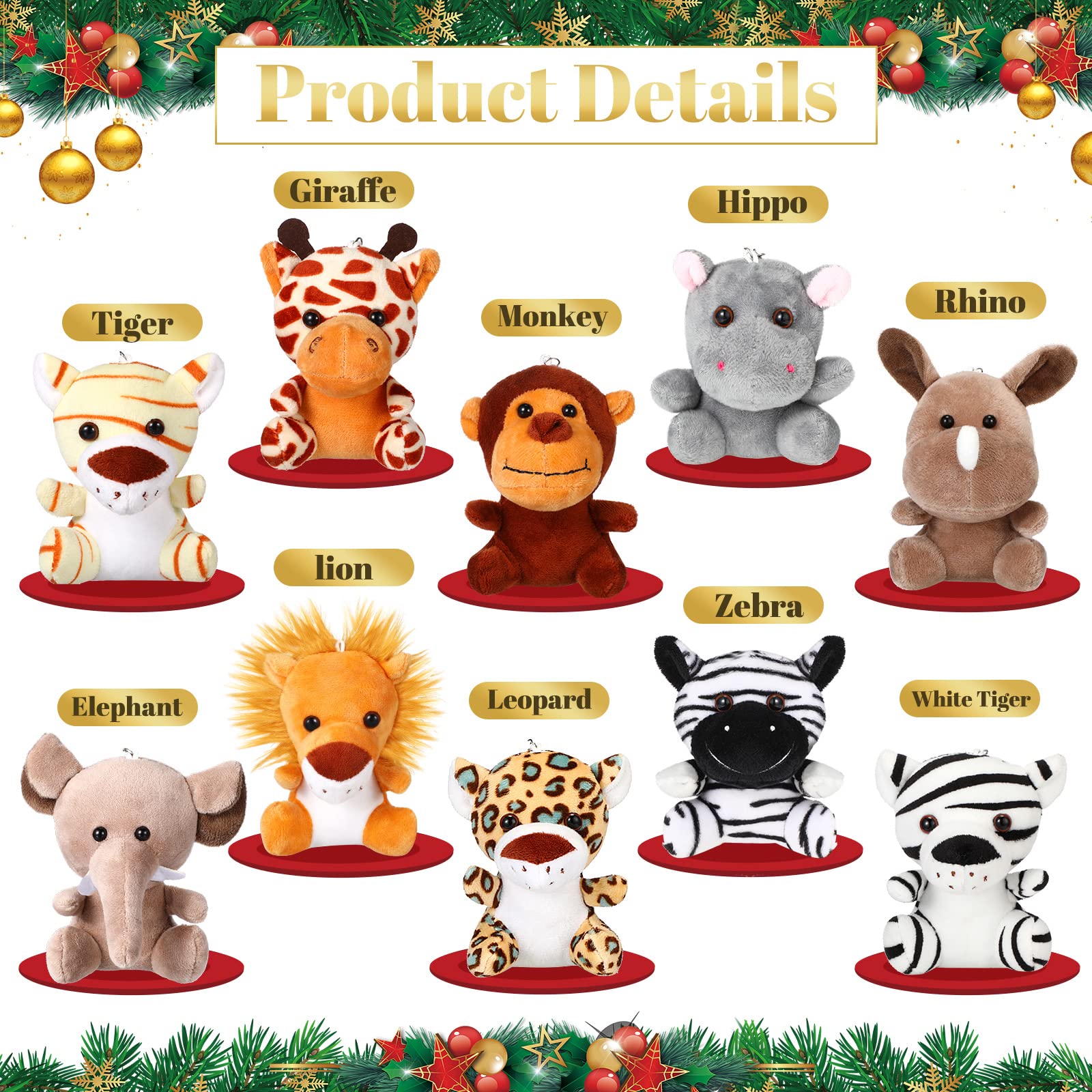 20 Pcs Mini Stuffed Forest Animals 4.8 Inch Cute Jungle Animal Plush Lion Tiger Elephant Giraffe Toys Set for Safari Animal Themed Party Kindergarten Fun Teacher Student Achievement Award, 10 Styles