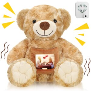 leyndo bear with voice recording remembrance stuffed animal with picture recordable messages memorial toy for baby shower birthday gift, recording gifts(brown, 12 inch)