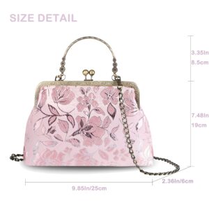 Abuyall Floral Top Handle Handbag Chain Strap Women Kiss Lock Canvas Frame Shoulder Bag Pink-leaf