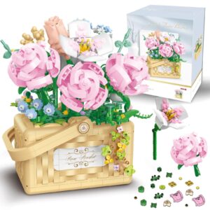 sopu flower bouquet building kit bonsai rose fowers, artificial flowers building blocks set, valentines day gifts for him her, birthday gifts valentines gifts for her women (pink flower basket)