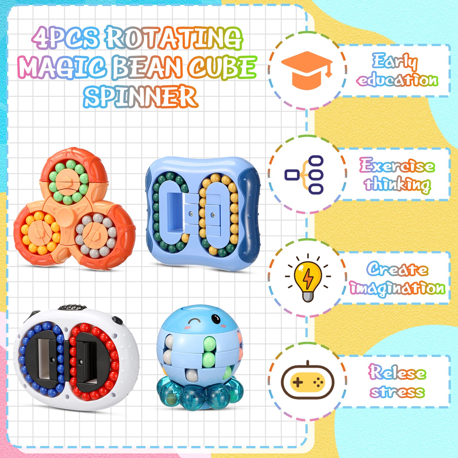 4 Pcs Rotating Bean Toys Set, Spinner Toys 2 in 1 Learning and Education Rotating Bean Cube Puzzle Stress Relief Gift for Kid Boy Girl Student Birthday Gift Classroom Prize(Cute)