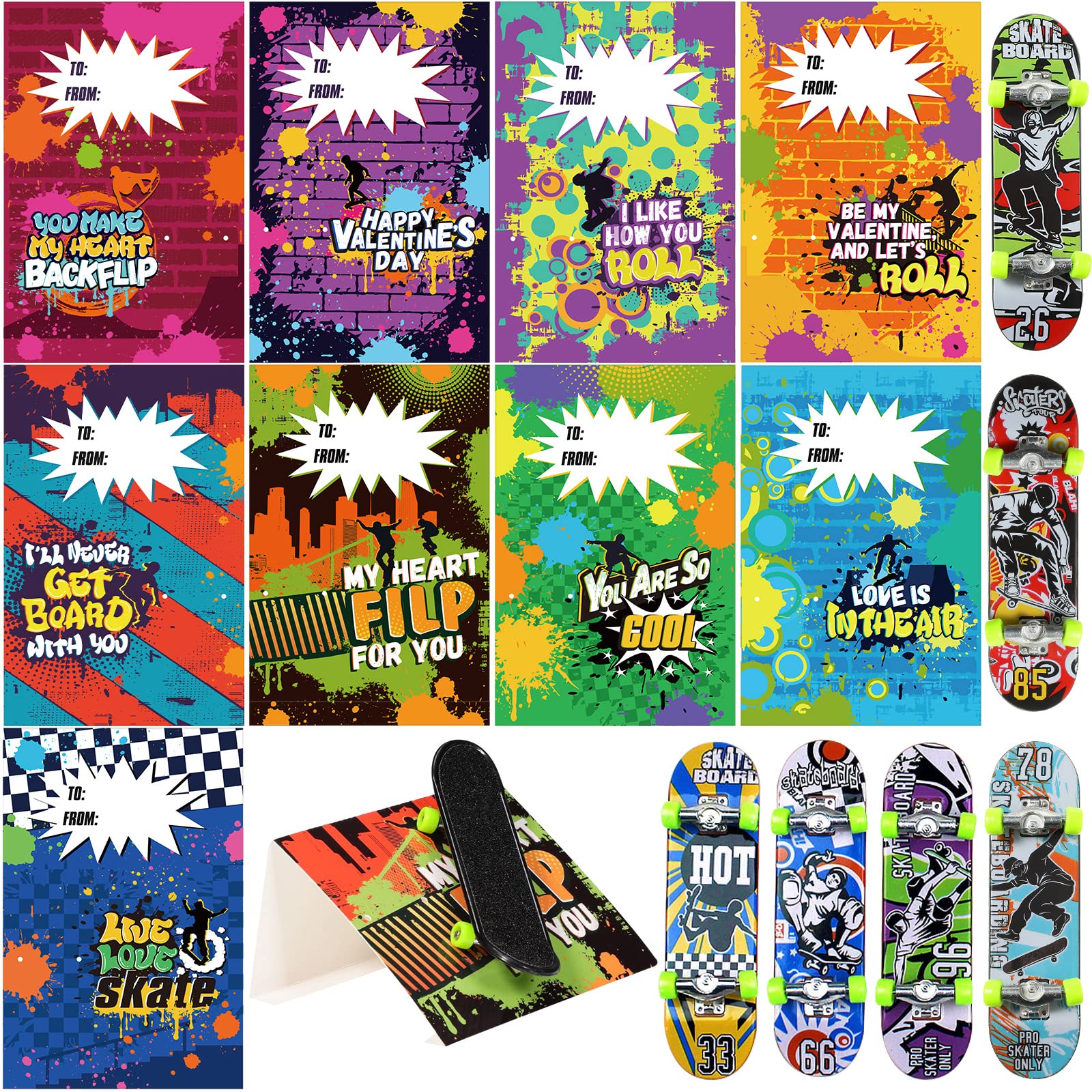 36 Pack Valentines Day Gift Cards with Fingerboards Finger Skateboards Valentine's Greeting Cards Valentines Finger Boards Set for Teens Valentines Classroom Exchange Prize Party Favor Supplies