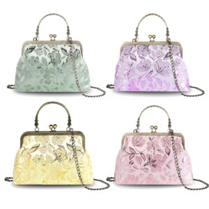 Abuyall Floral Top Handle Handbag Chain Strap Women Kiss Lock Canvas Frame Shoulder Bag Pink-leaf