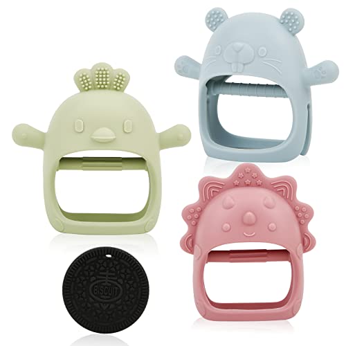 4 Pcs Baby Teething Toys Silicone Teethers for Babies 0-6 Months No Drop Chew Toys Baby Hand Teethers for Soothing Pain Cute Safe Designs