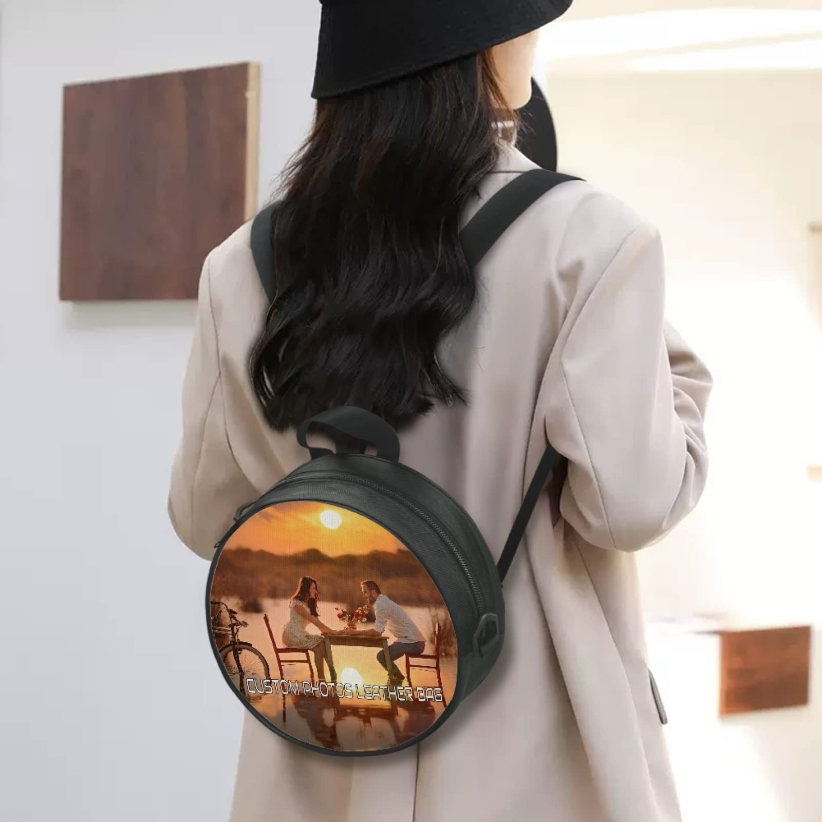 Dohaapri Women's Personalized Round Bag with Photo/Text Valentine's Day Gift Customized One Shoulder Round Bag (Black)