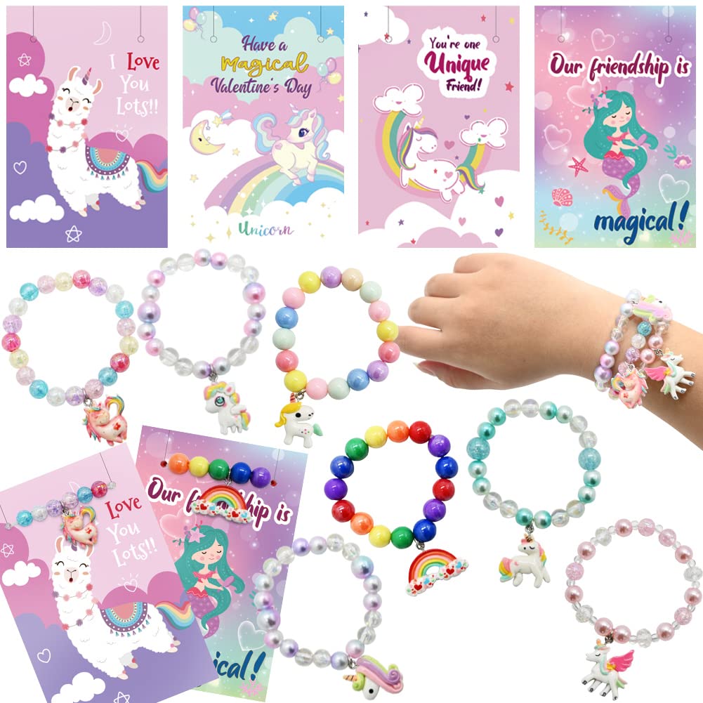 UMEELR 28 Packs Unicorn Valentines Day Cards with Rainbow Bracelets for Girls Classroom Prizes, Valentine's Party Favors Toys for Girls and Valentine School Exchange Gifts Greeting Cards