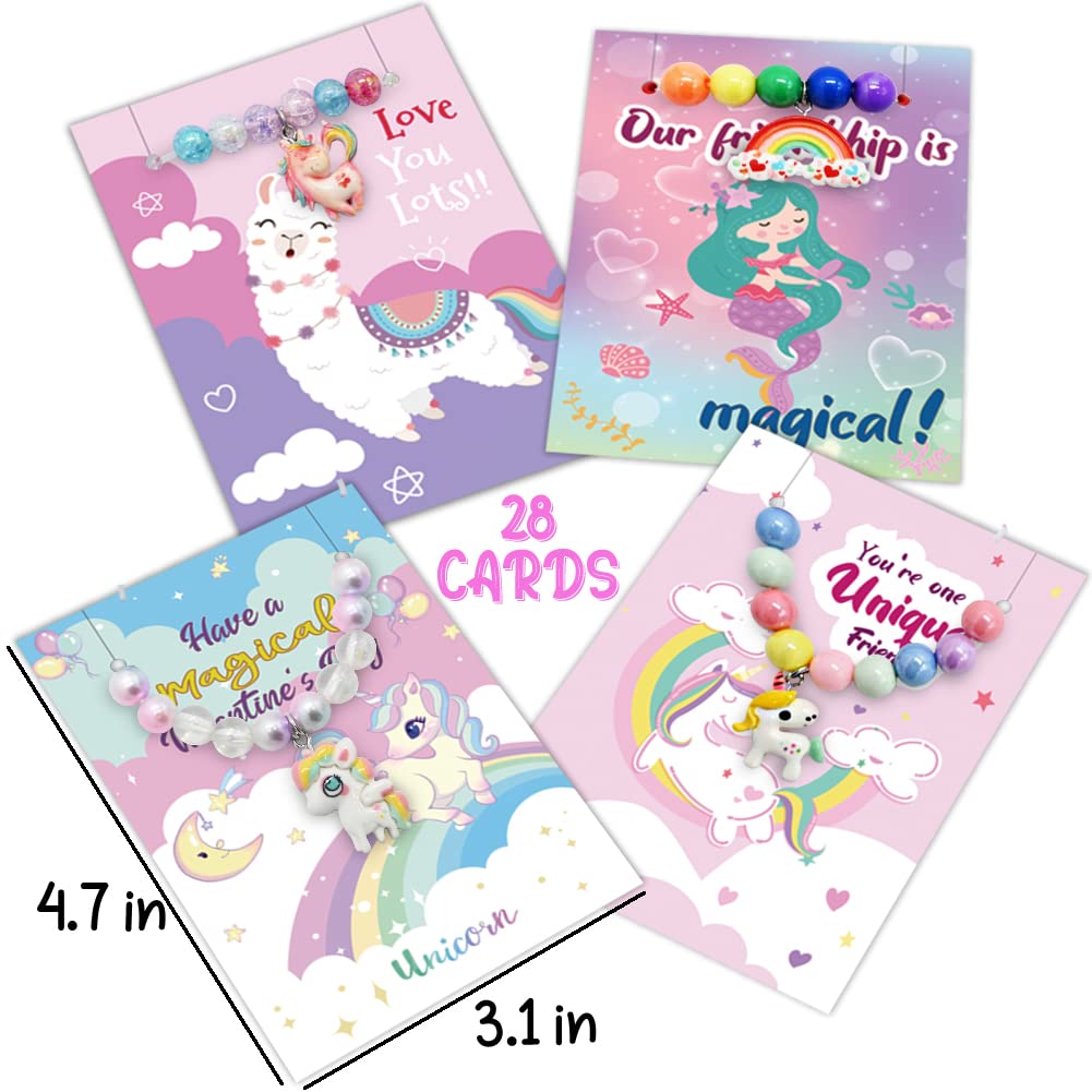 UMEELR 28 Packs Unicorn Valentines Day Cards with Rainbow Bracelets for Girls Classroom Prizes, Valentine's Party Favors Toys for Girls and Valentine School Exchange Gifts Greeting Cards