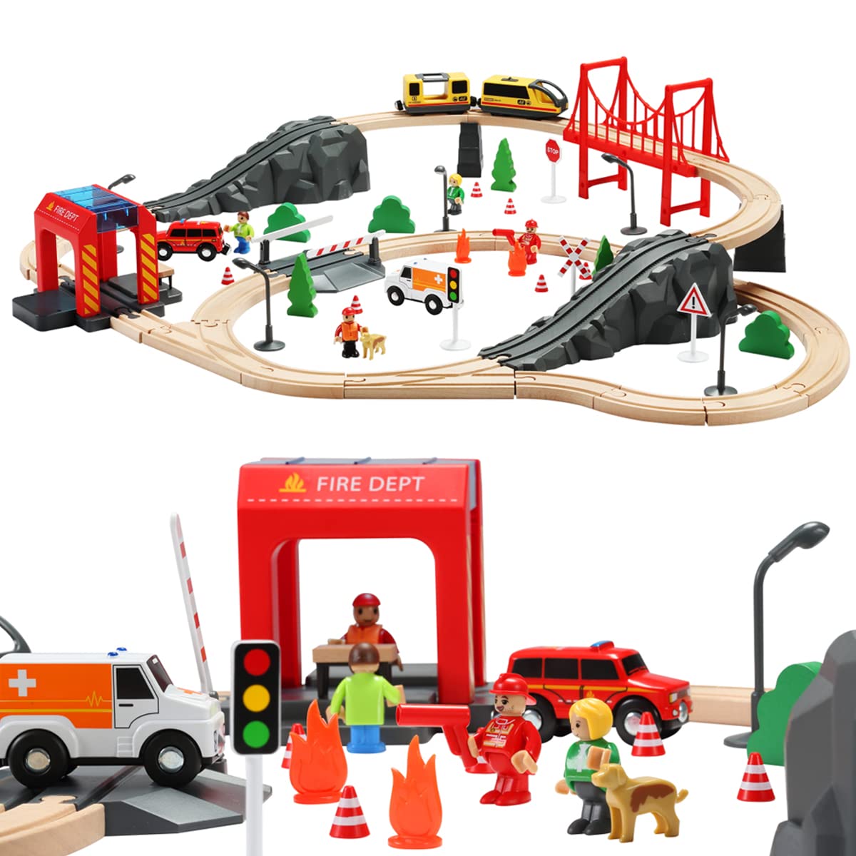 72PCS Wooden Fire Station Train Sets+2PCS Battery Operated Action Locomotive-Fits Thomas, Brio, IKEA, Melissa