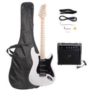 vasitelan electric guitar 39" complete beginner starter kit full size with 20w amp,w/strap,bag,guitar amplifier,power wire,plectrum,tremolo bar (white)