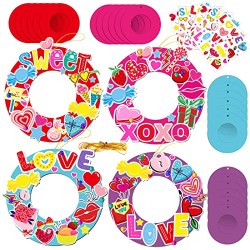 chiazllta 24 Pcs Valentine's Day Wreath Craft for Kids, Preschool DIY Valentines Paper Art Craft Kit with Hearts Stickers Bulk Classroom Home Indoor Game Activities