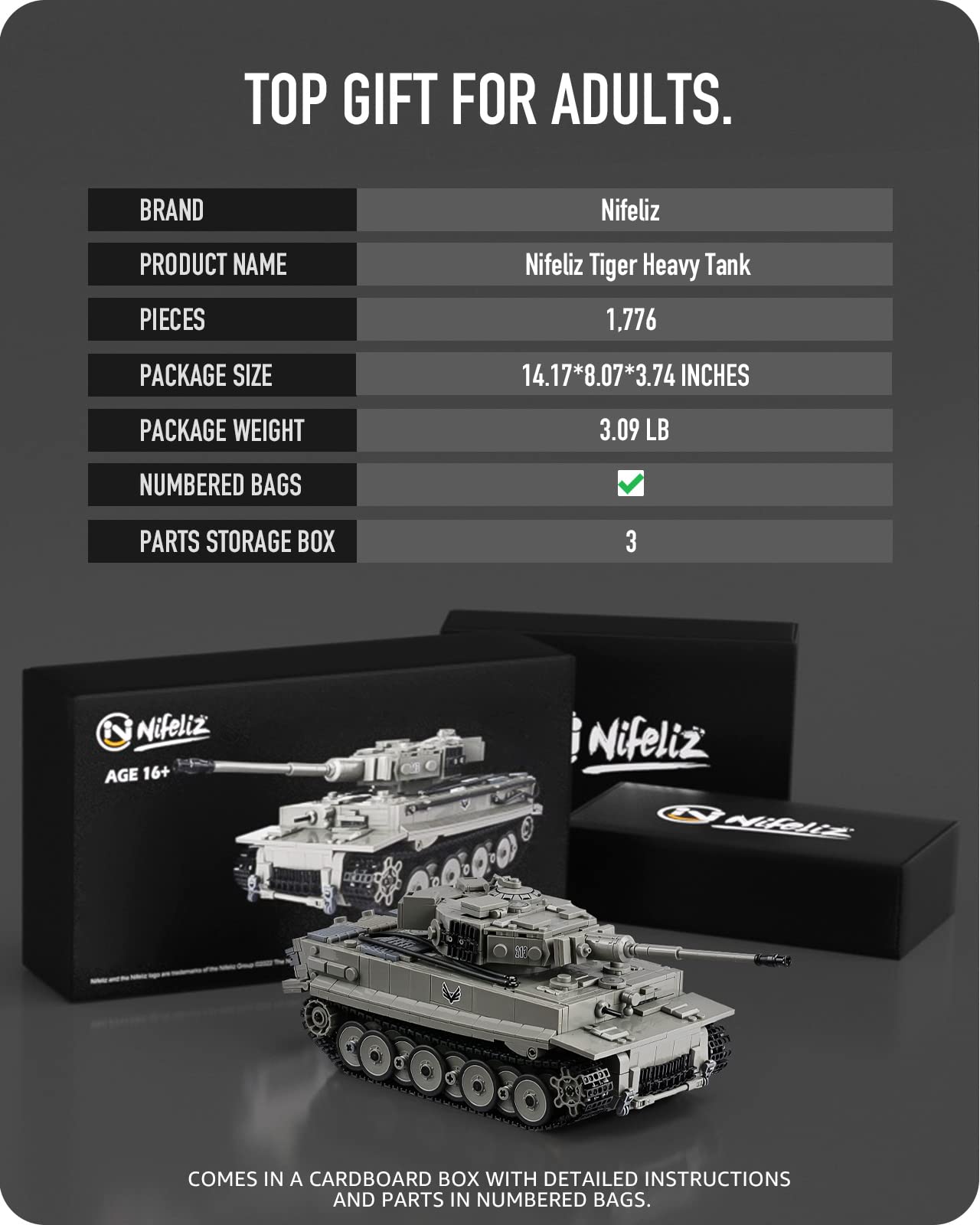 Nifeliz Tiger Heavy Tank, WW2 Armed Tank Building Set, Military Construction Model Toy for Teen Gift Giving (1776 Pieces)