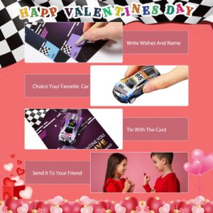 32 Pack Valentine's Day Gifts Cards with Die Cast Toy Cars Assorted Mini Pull Back Racing Plastic Vehicle Bulk for Kid School Classroom Exchange Party Favor Goodies Supplies Decor