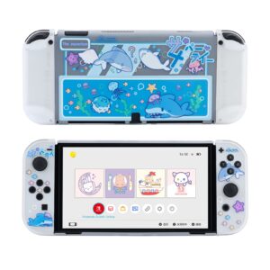 geekshare protective case slim cover case compatible with nintendo switch oled console and joy-con, shock-absorption and anti-scratch cover skin for switch oled 2021- shark party (clear)